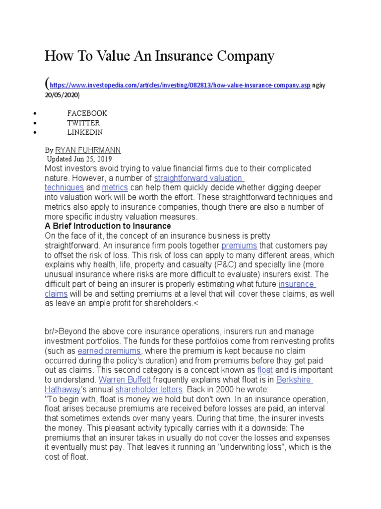 How To Value An Insurance Company | PDF | Insurance | Book Value