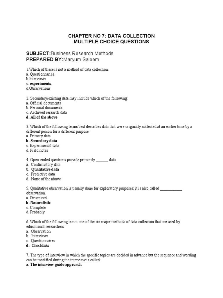 Chapter No 7: Data Collection Multiple Choice Questions SUBJECT ...