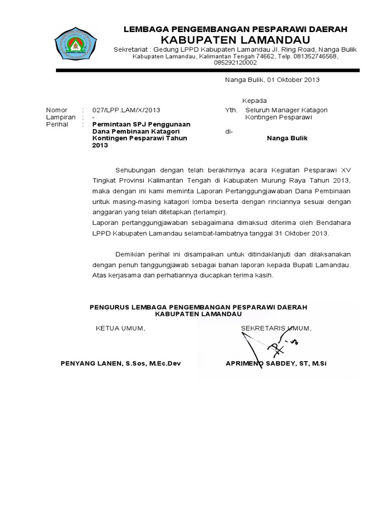 Contoh Surat Permintaan SPJ Pesparawi | PDF