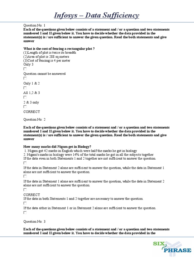 Infosys - Data Sufficiency | PDF | Question | Area