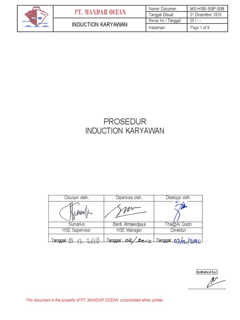 2.c Mo Hse Sop 008 Induction Karyawan | PDF