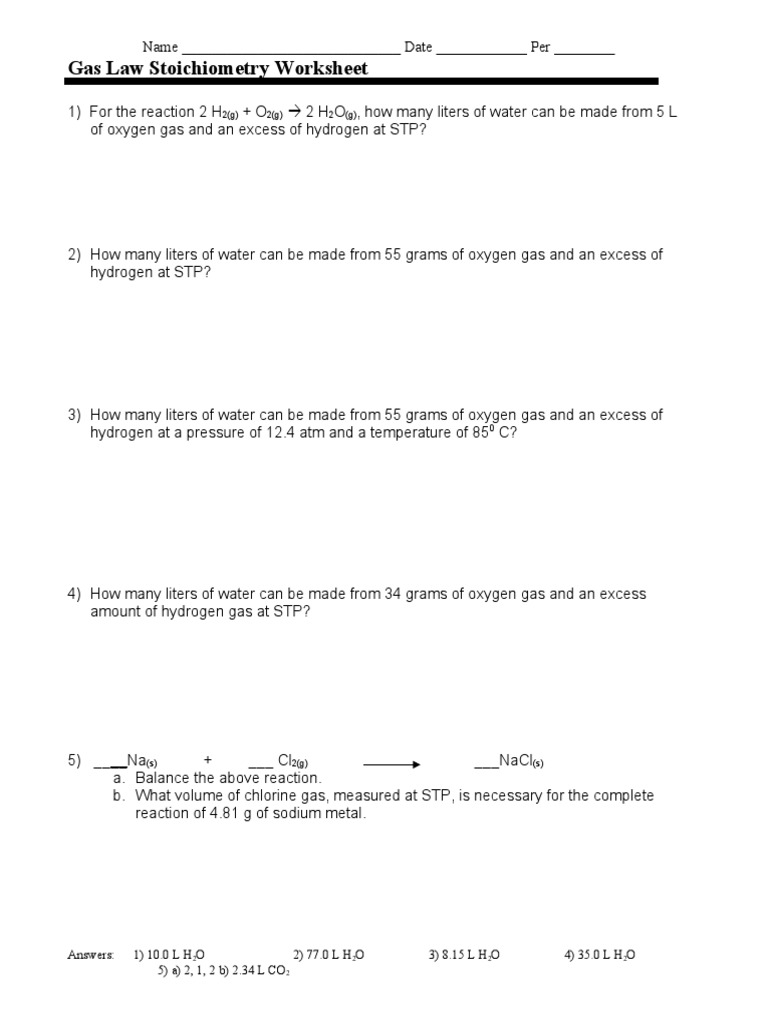 Gas Law Stoichiometry Worksheet | PDF