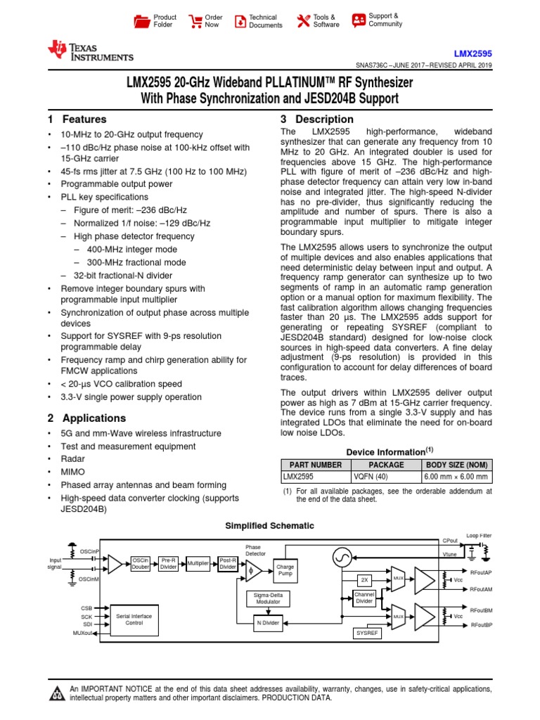 Lmx2595 20-Ghz Wideband Pllatinum™ RF Synthesizer With Phase ...
