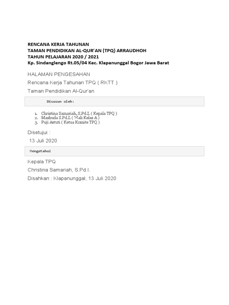 Rencana Kerja TPQ Arraudhoh 2020/2021 | PDF
