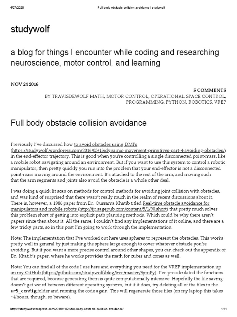 Full Body Obstacle Collision Avoidance - Studywolf | PDF | Euclidean Vector | Derivative
