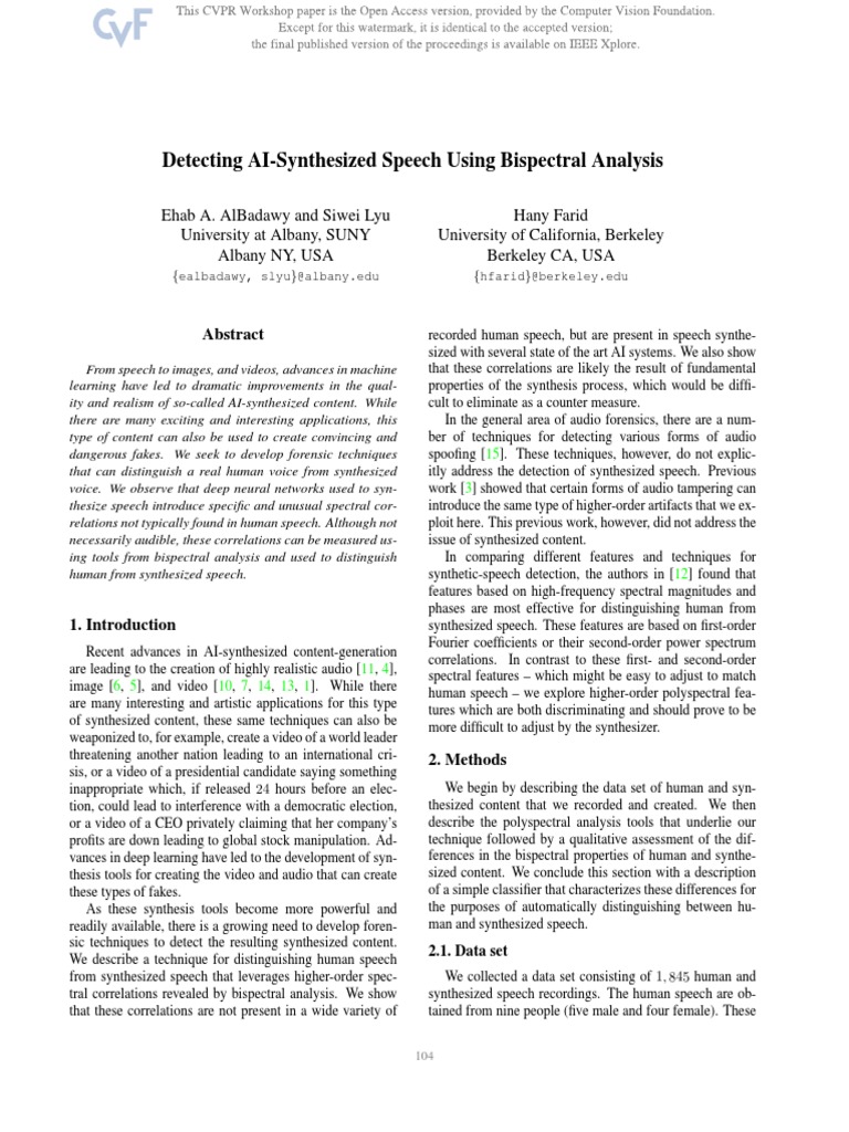Detecting AI-Synthesized Speech Using Bispectral Analysis | PDF | Speech Synthesis | Receiver ...