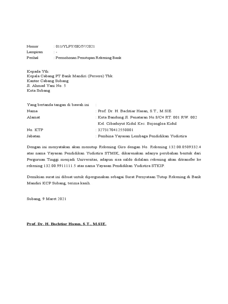 Surat Permohonan Penutupan Rekening Bank - Perusahaan | PDF