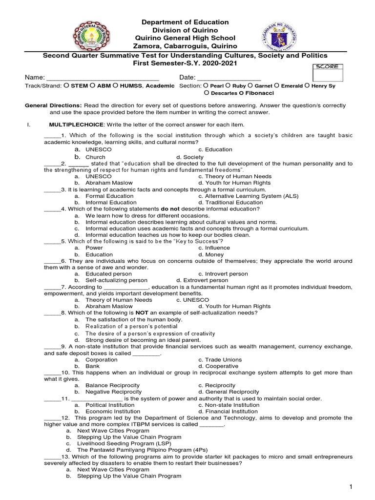 UCSP Summative Test 2nd Quarter | PDF | Self Actualization | Human Nature