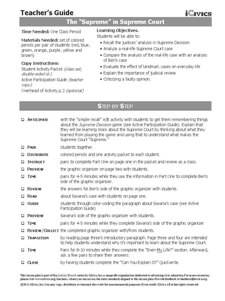 Teacher's Guide: The "Supreme" in Supreme Court | PDF | Supreme Court ...