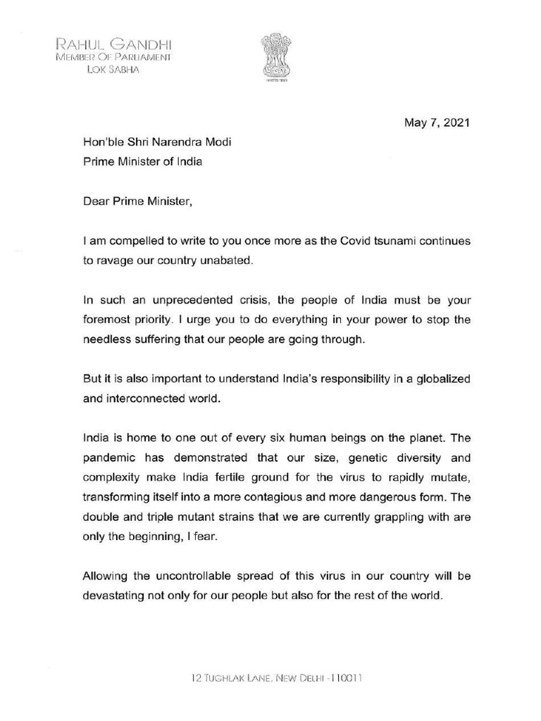 Rahul Gandhi Letter To PM Narendra Modi | PDF