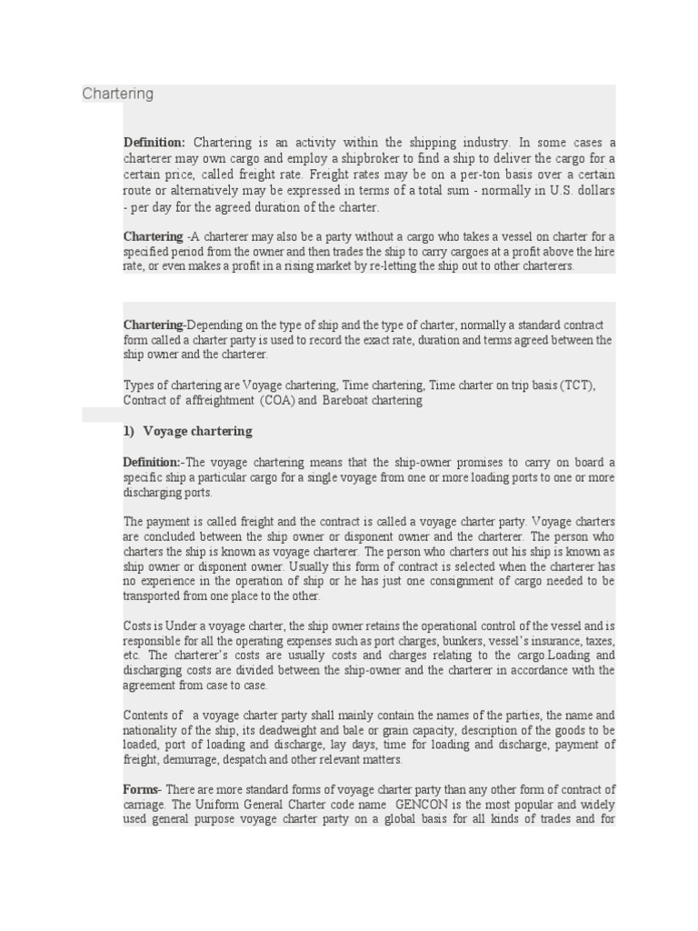 Chartering: Definition: Chartering Is An Activity Within The Shipping ...