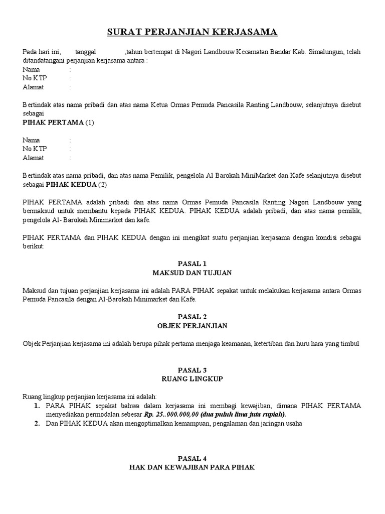 Contoh Surat Perjanjian Kerjasama | PDF