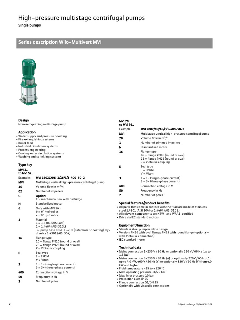Wilo-Multivert MVI Pump Overview | PDF | Pump | Mains Electricity
