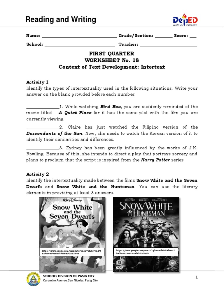 Reading and Writing: First Quarter Worksheet No. 18 Context of Text ...