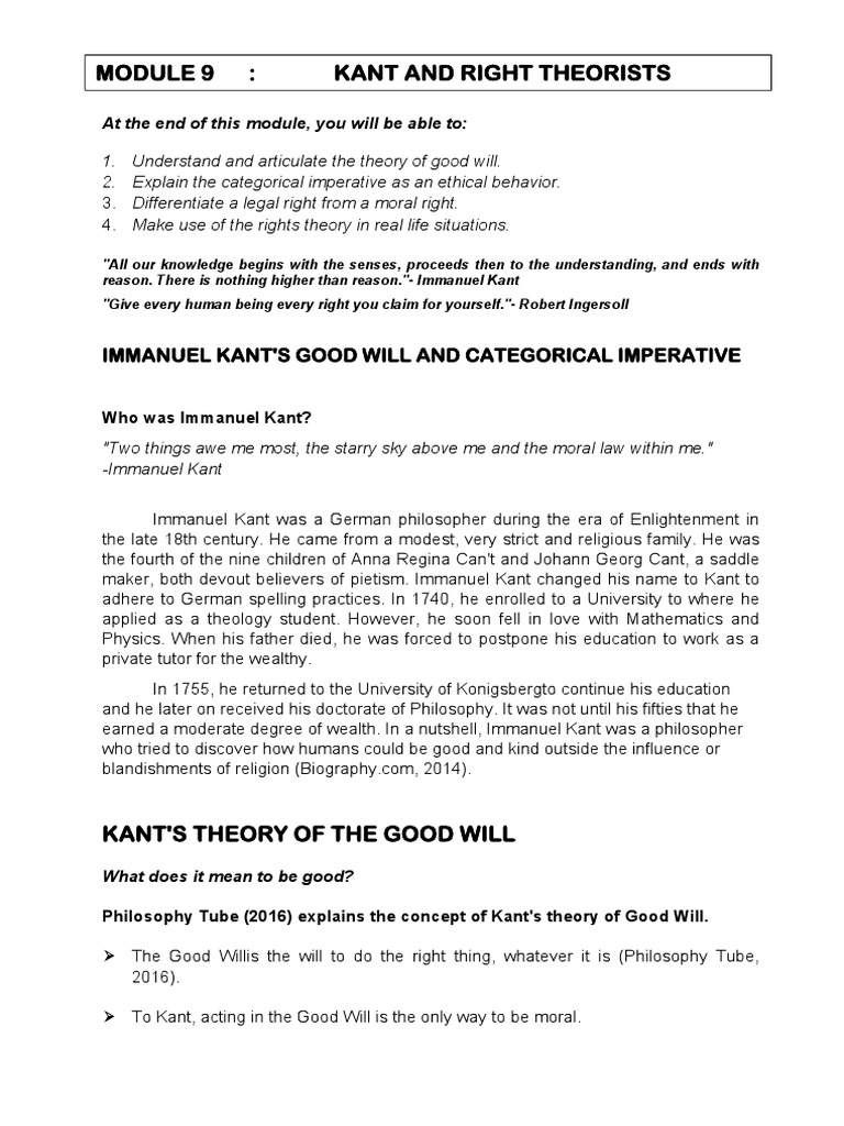 Kant and Right Theorists: Immanuel Kant'S Good Will and Categorical Imperative | Download Free ...