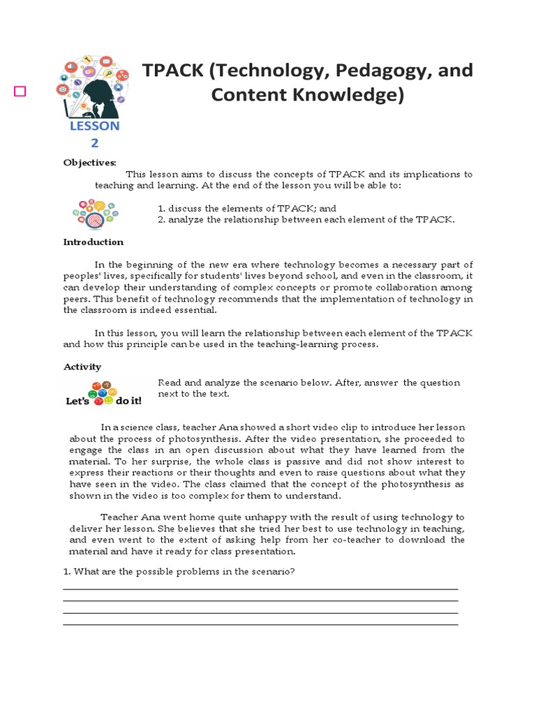 TPACK (Technology, Pedagogy, and Content Knowledge) : Lesson 2 | PDF ...