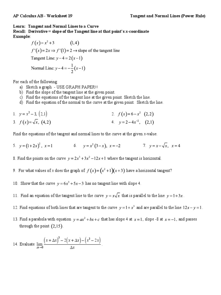 Worksheet 19 - Tangent and Normal Lines - Power Rule | PDF | Teaching ...