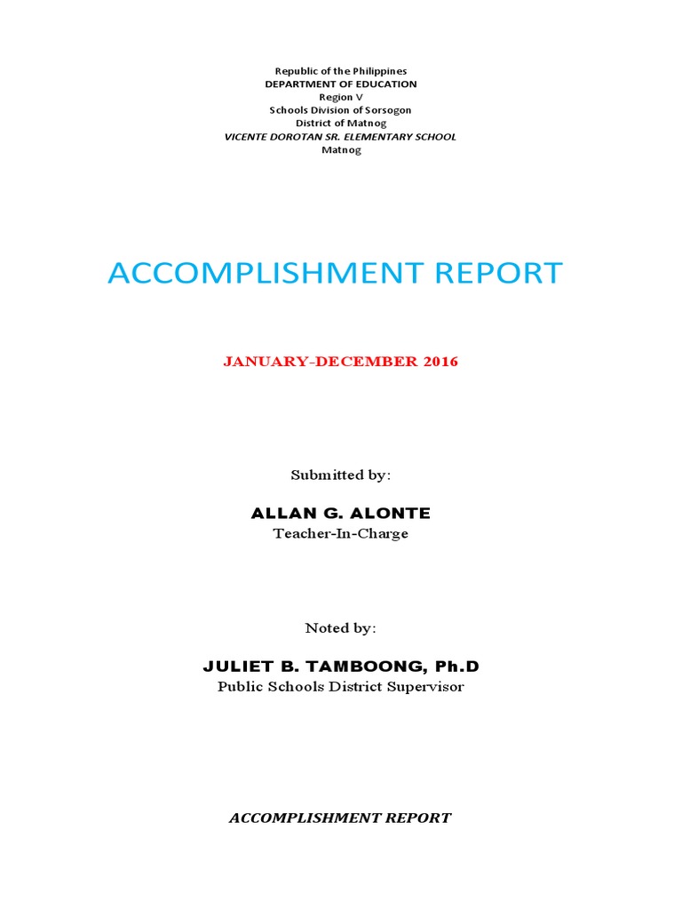 2016 Accomplishment Report - Vicente Dorotan Sr. Elementary School | PDF