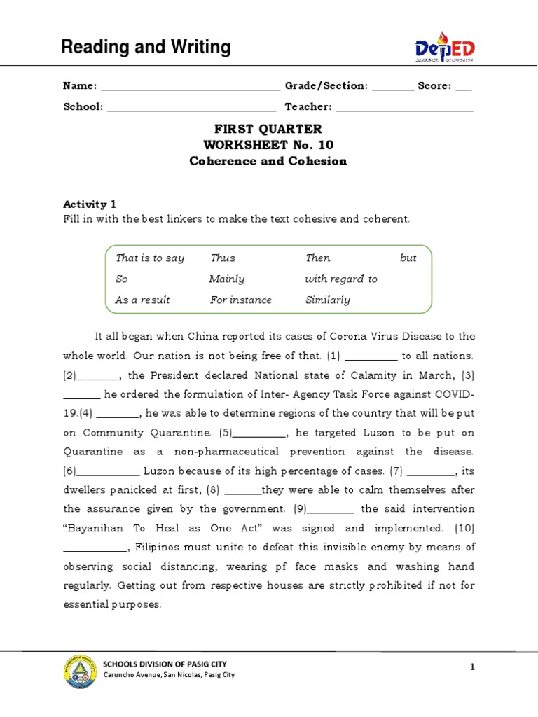 Reading and Writing: First Quarter Worksheet No. 10 Coherence and ...