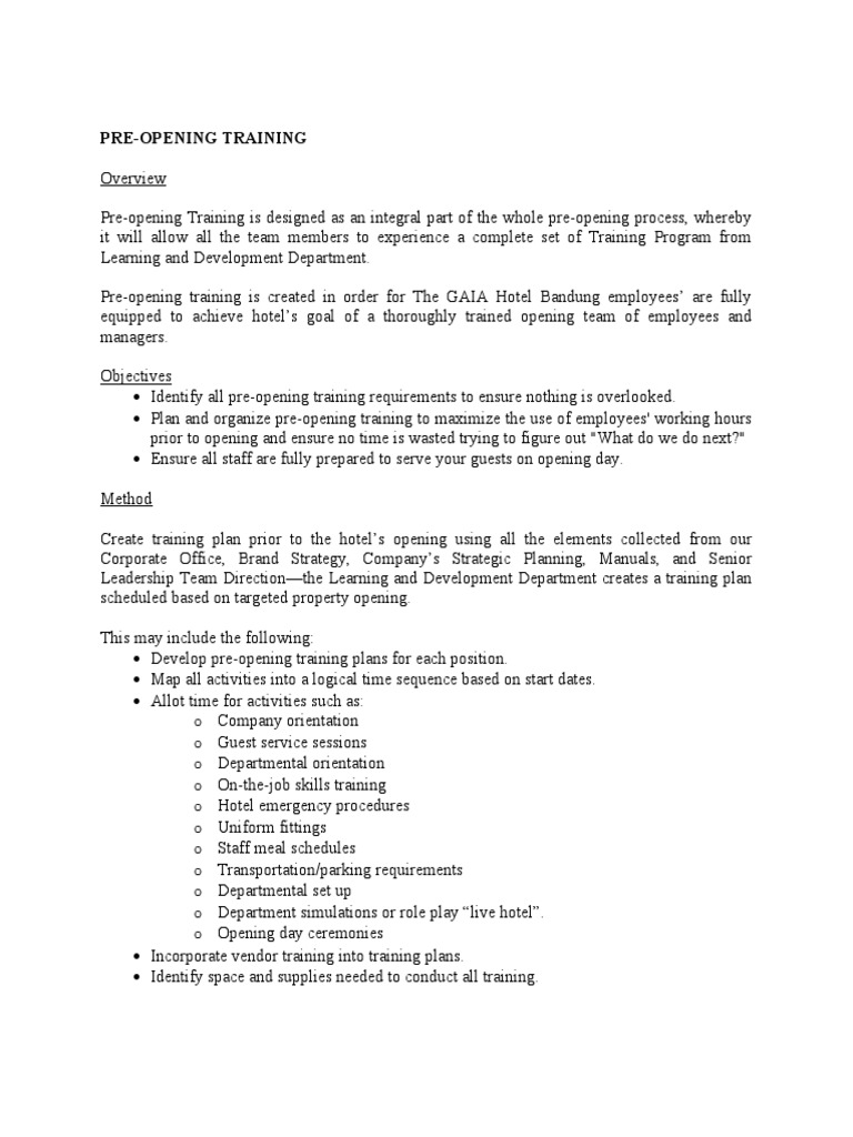 Pre-Opening Training | PDF