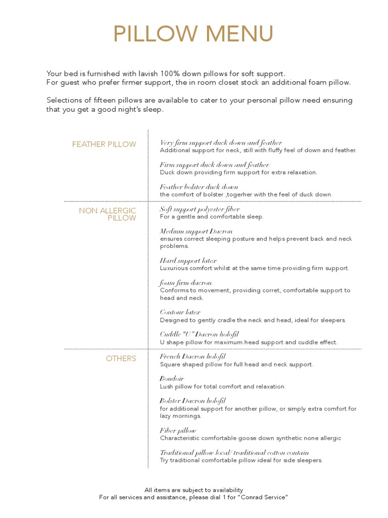 Luxury Hotel Pillow Menu Options | PDF | Pillow | Furniture