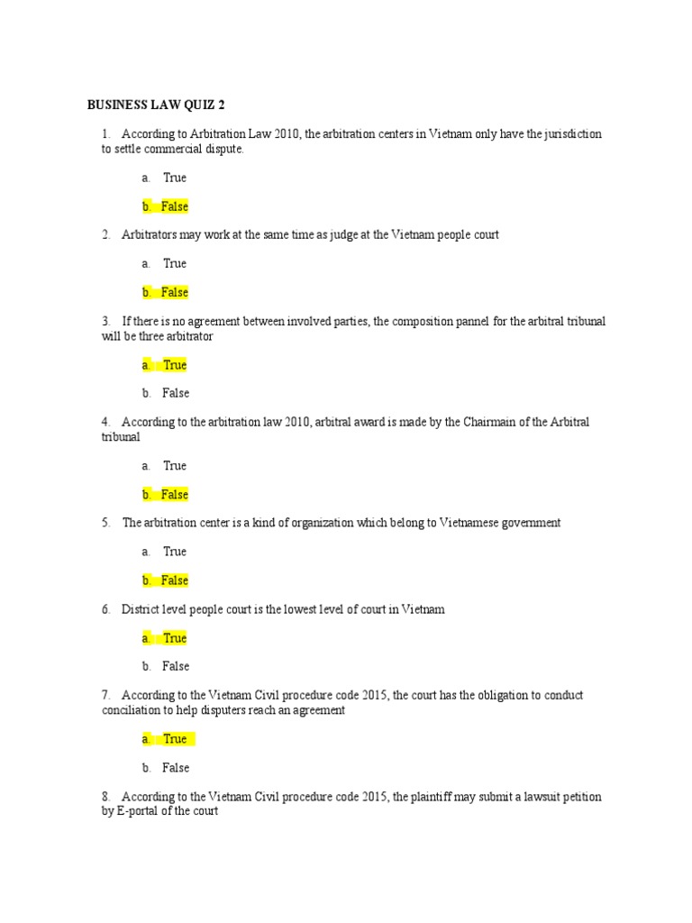 Business Law Quiz 2 | PDF | Arbitration | Judgment (Law)