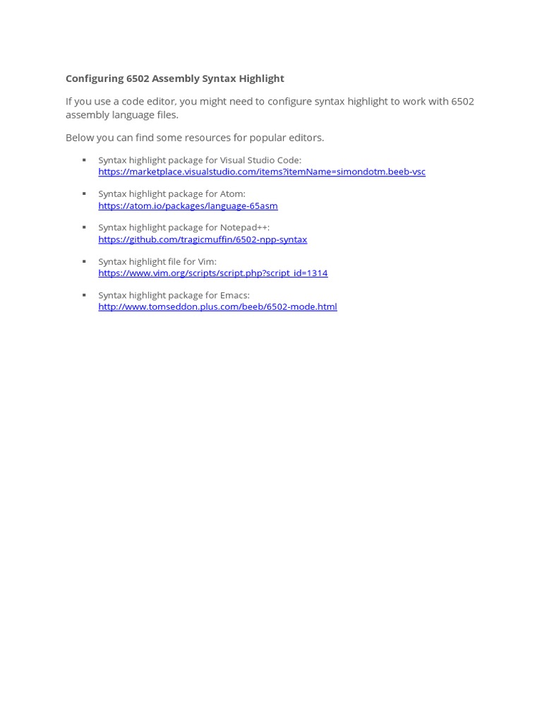 6502 Assembly Syntax Highlight Links | PDF