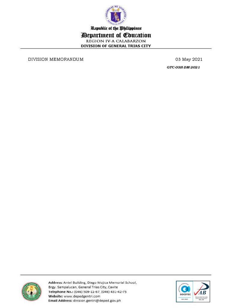 Division Memorandum 03 May 2021: GTC-03H-DM-2021 | PDF