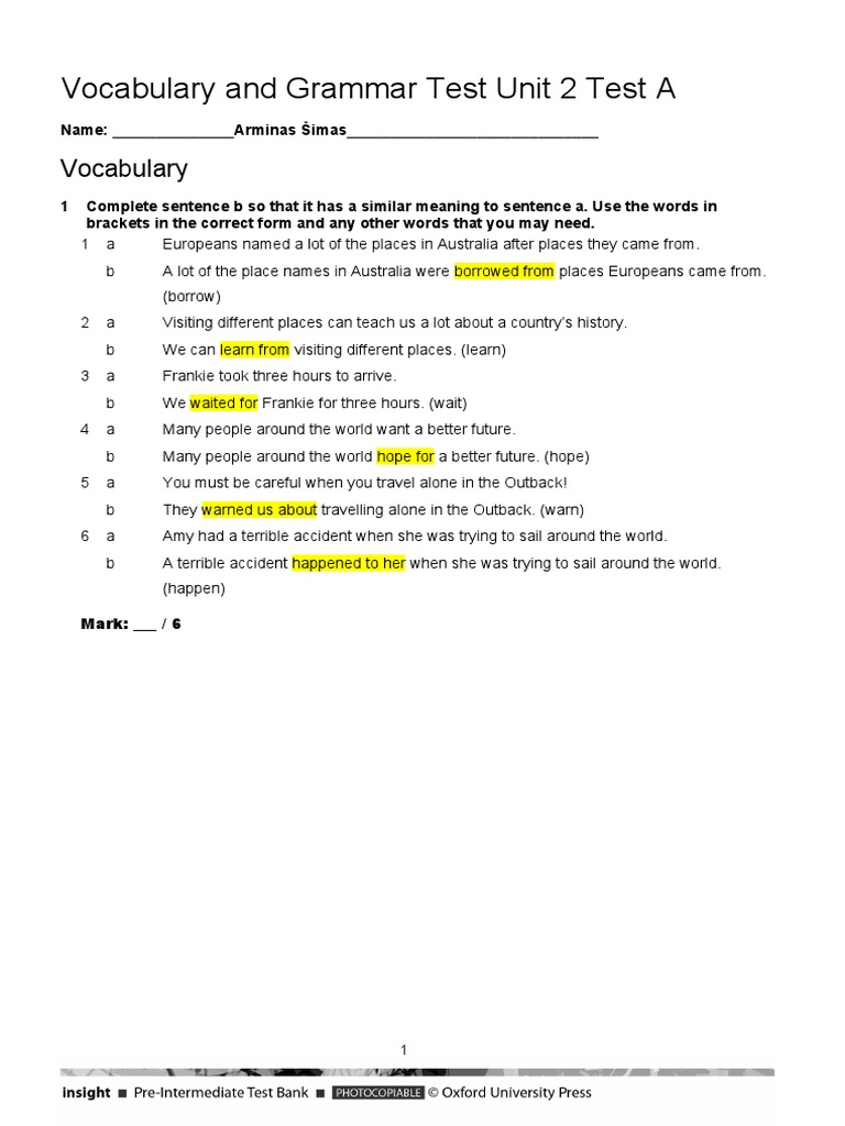 Vocabulary and Grammar Test Unit 2 Test A | PDF | Syntax | Language ...