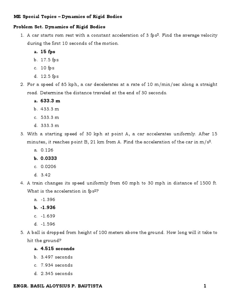 Rigid Body Dynamics Problem Set: Calculating Velocities, Accelerations ...