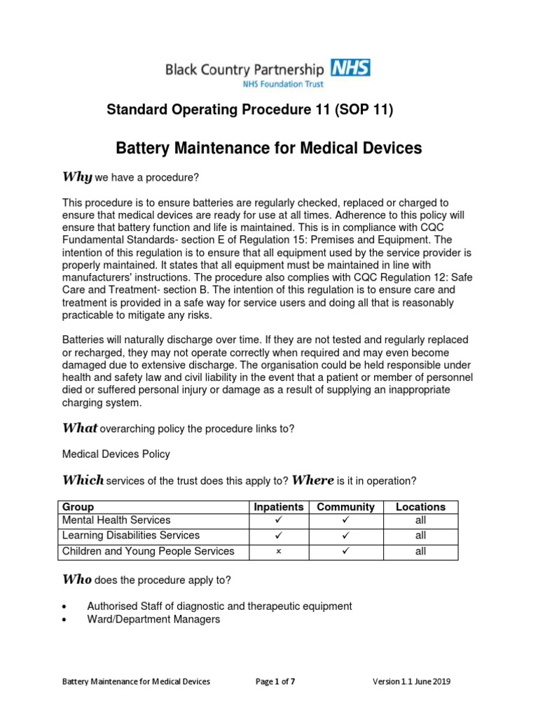 Medical Devices - SOP 11 - Battery Maintenance For Medical Devices ...