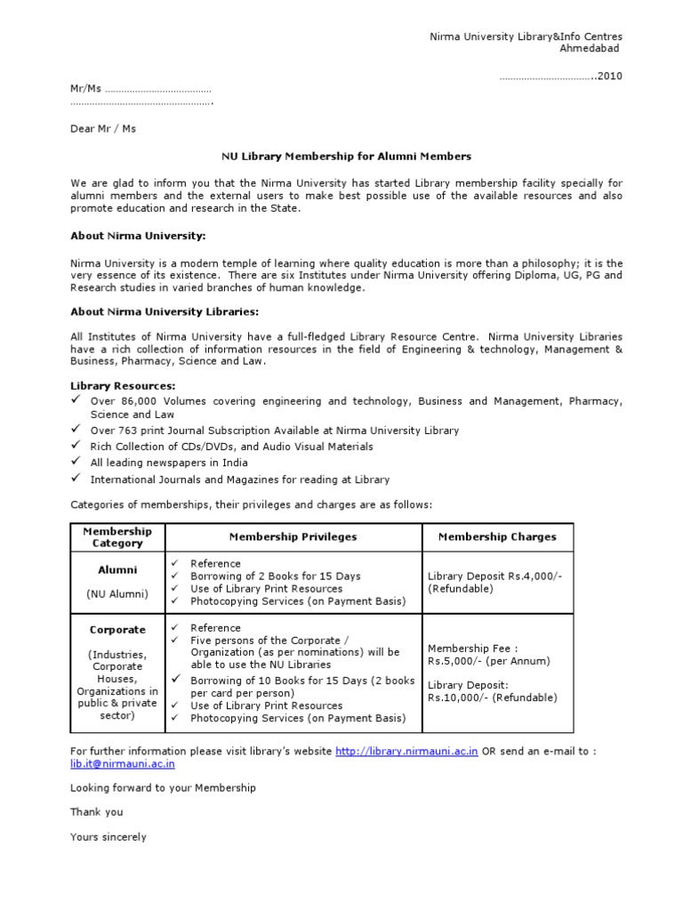 Nirma University Alumni Library Membership | PDF | Libraries | Books