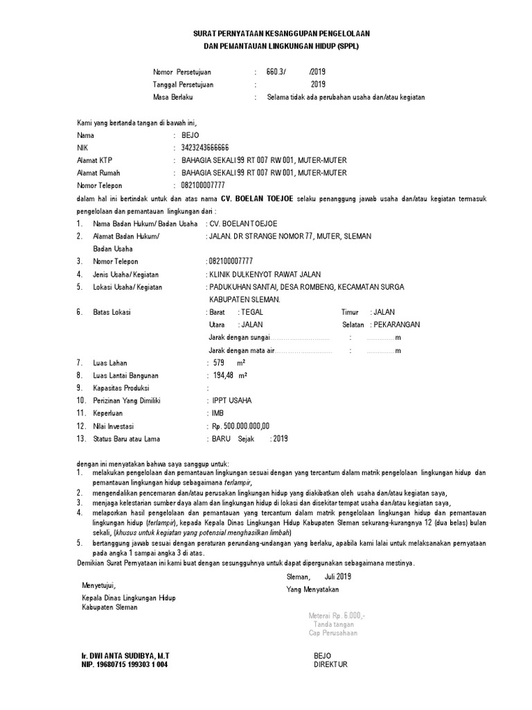 Contoh SPPL Klinik DLH | PDF