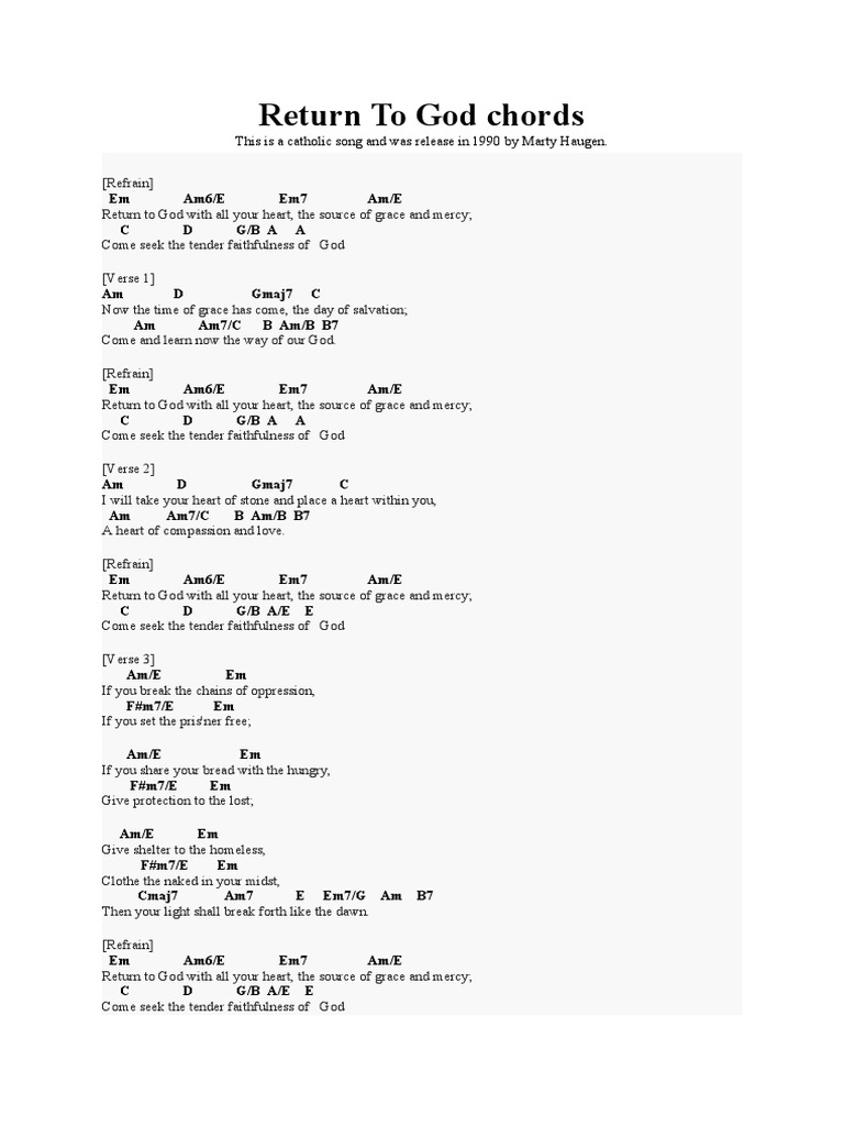 Return To God Chords: This Is A Catholic Song and Was Release in 1990 ...
