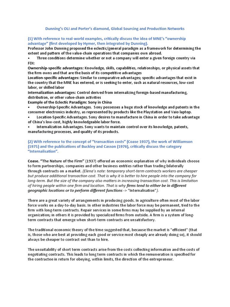 5 Dunning's OLI and Porter's Diamond, Global Sourcing and Production ...