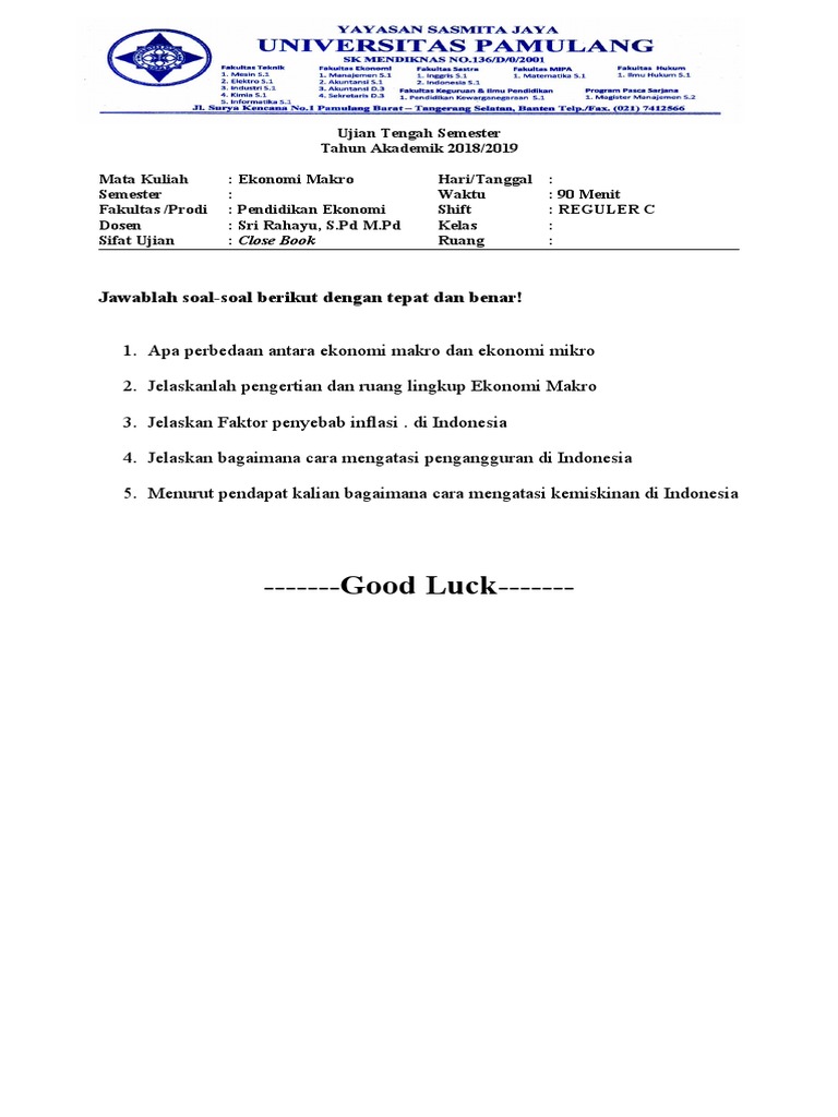 Soal UTS EKONOMI MAKRO | PDF | Karier & Perkembangan | Bisnis