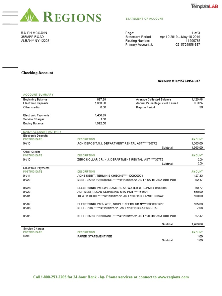 Regions Bank Statement | PDF | Debit Card | Fee
