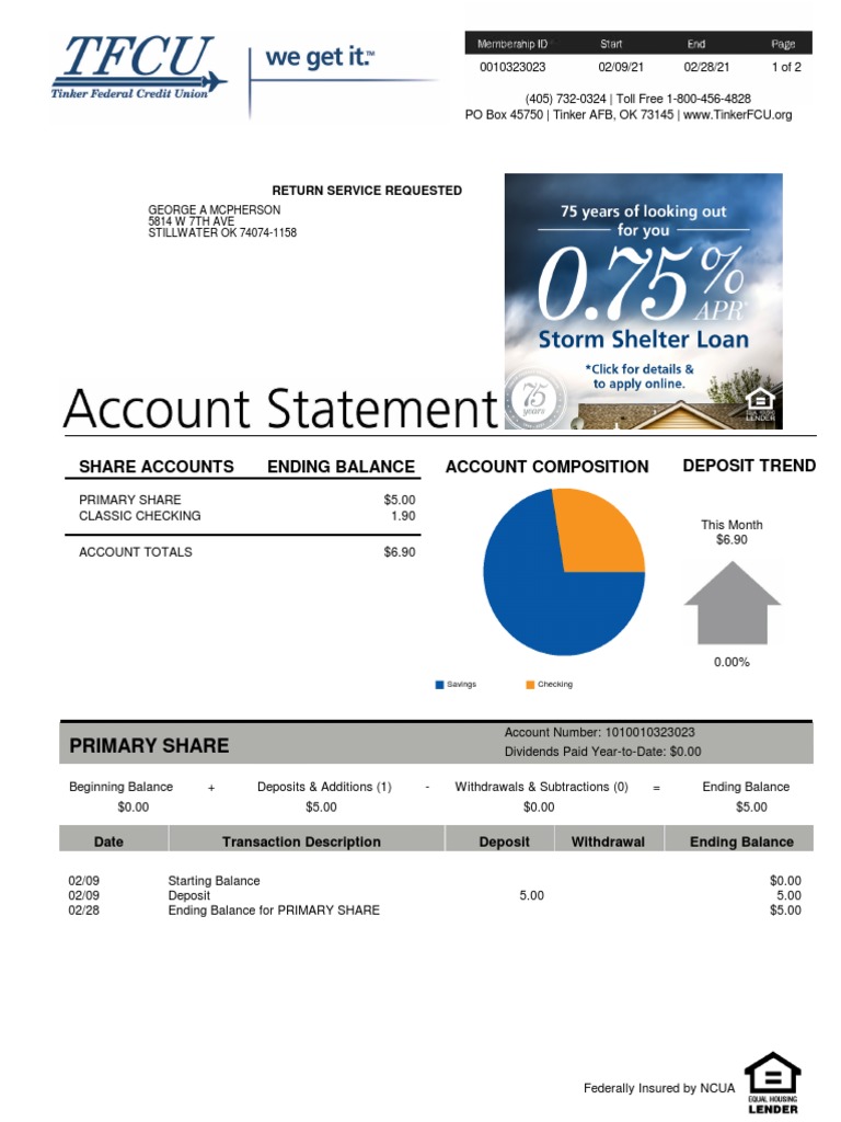 Tinker FCU Classic Checking Statement | PDF | Transaction Account ...