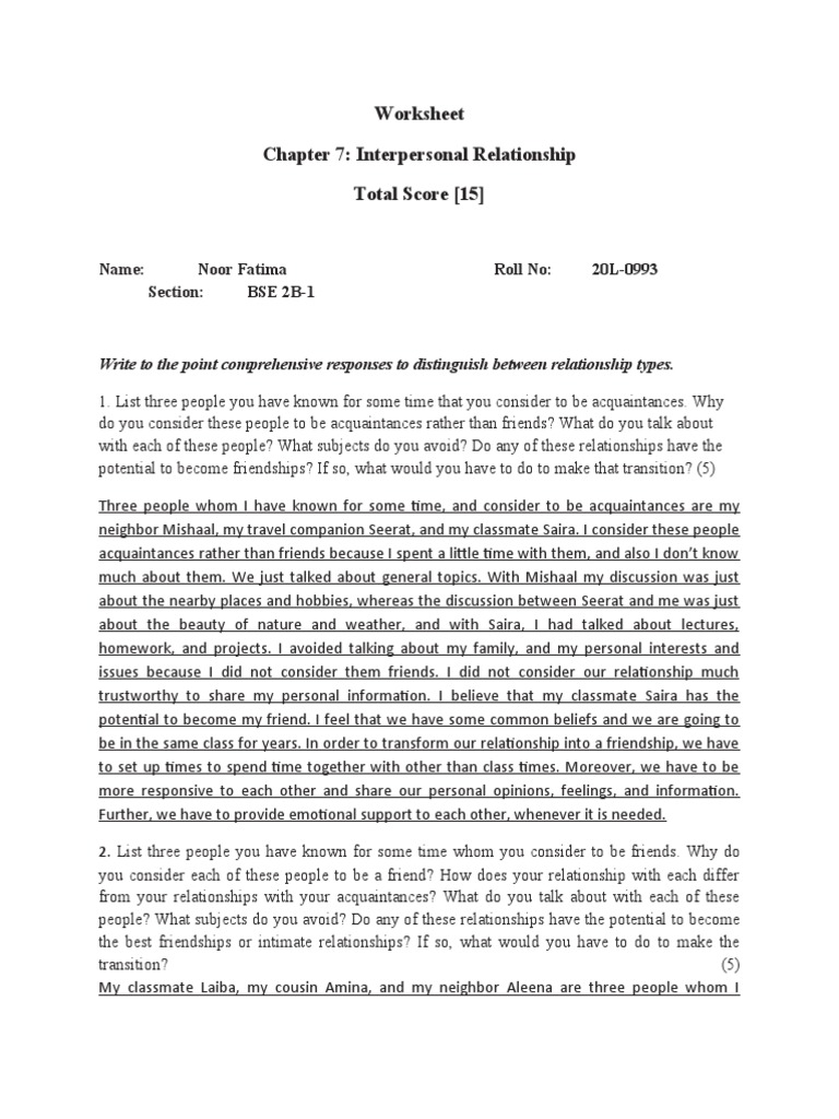 Worksheet Interpersonal Relationship | PDF | Friendship | Human Nature