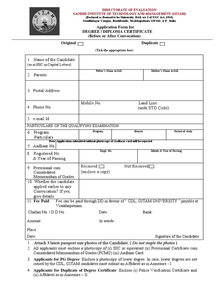 GITAM Degree Certificate Application Form | PDF | Government And Personhood | Business