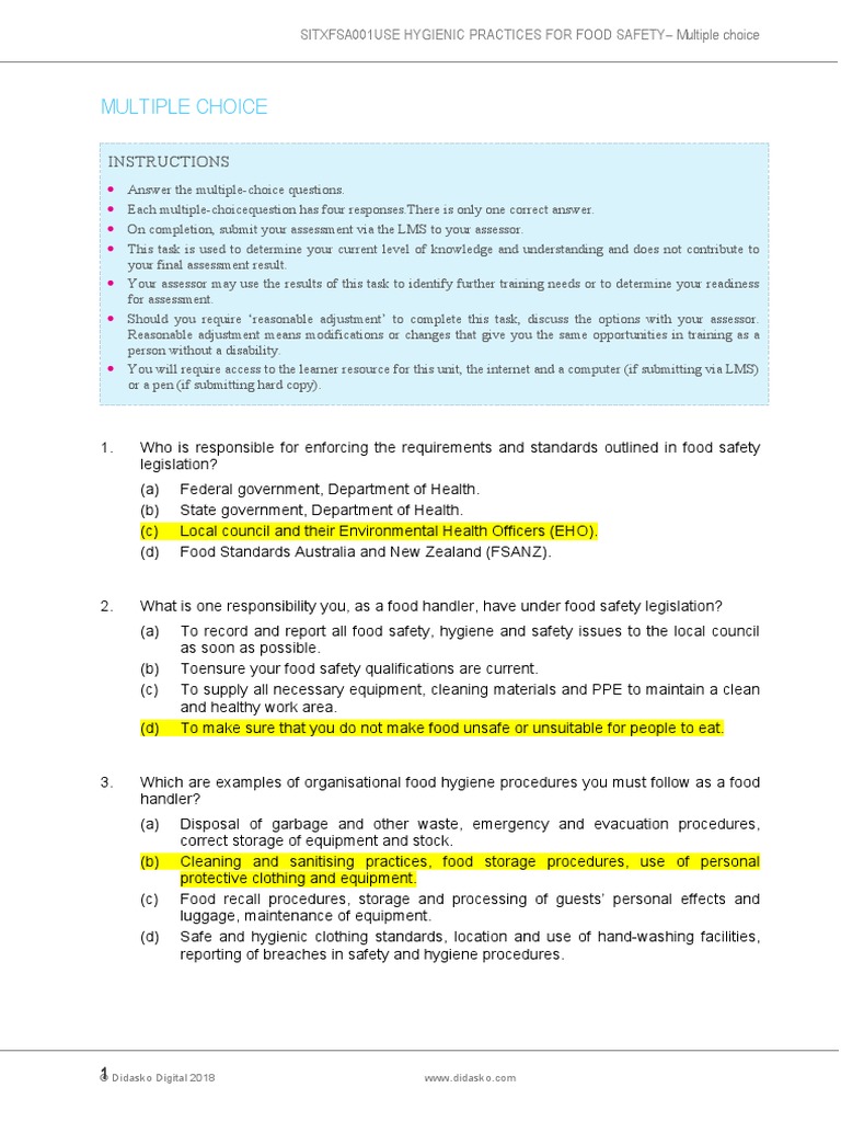 Multiple Choice: Instructions | PDF | Hygiene | Food Safety
