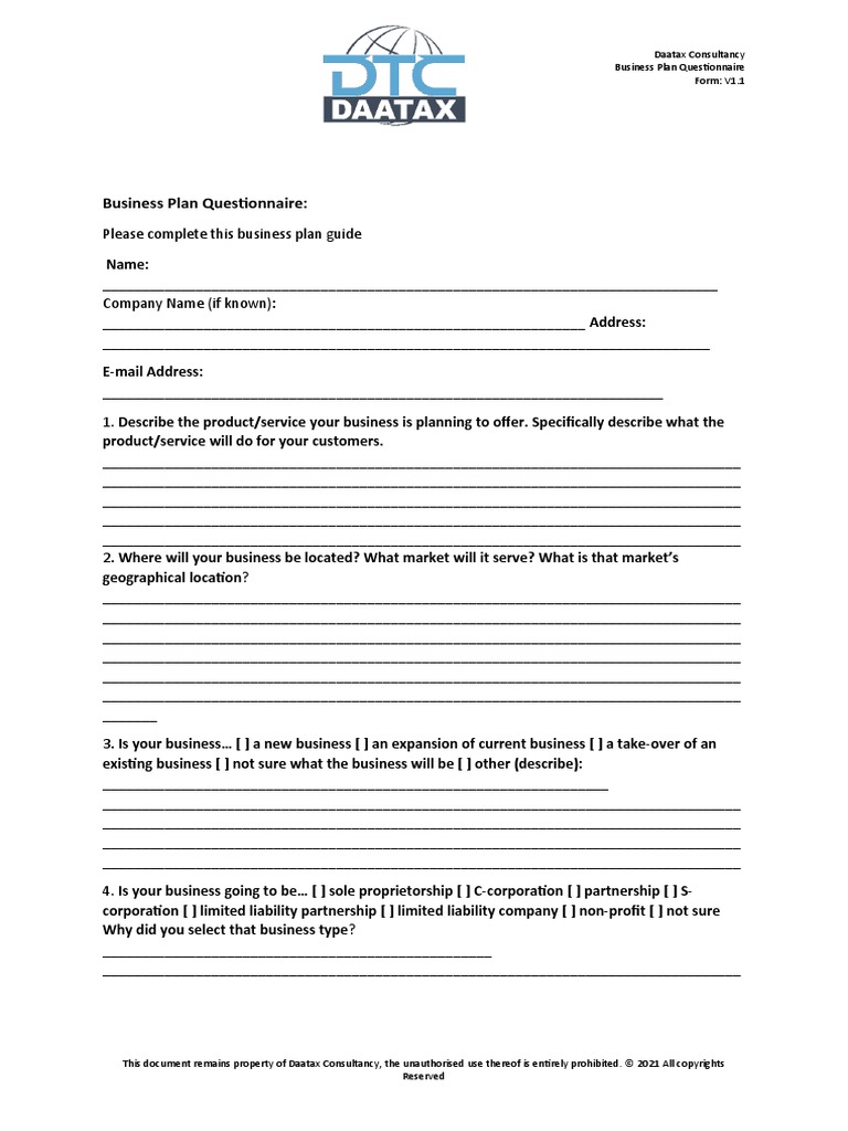 Business Plan Questionnaire Form V1.0 | PDF | Insurance | Taxes