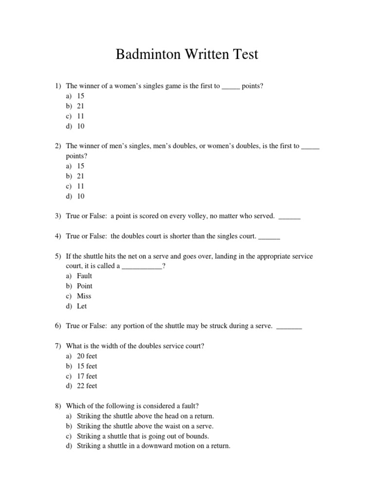 Badminton Rules Quiz | PDF | Sports | Athletic Sports