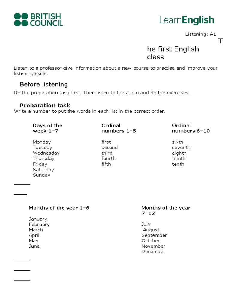 Listening A1 The First English Class | PDF