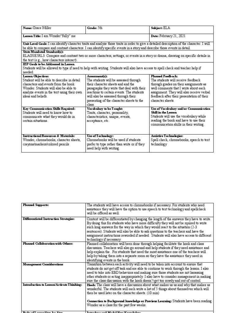 Wonder Lesson Plan | PDF | Differentiated Instruction | Books