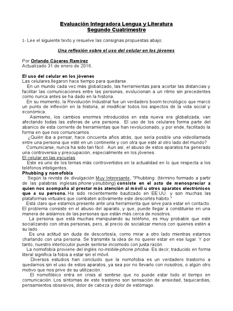 Evaluación Integradora 2do Año Lengua y Literatura Segundo Cuatrimestre | PDF | Teléfonos ...