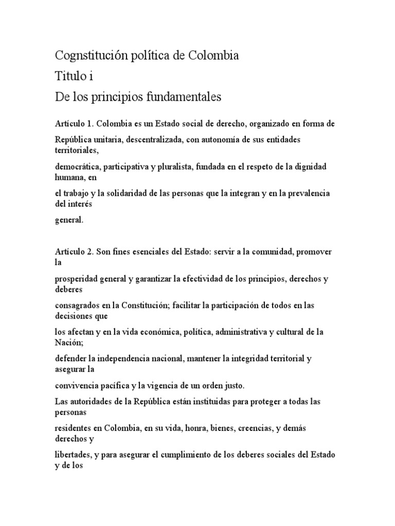 10 Primeros Artículos Constitución Política De Colombia Pdf Nación