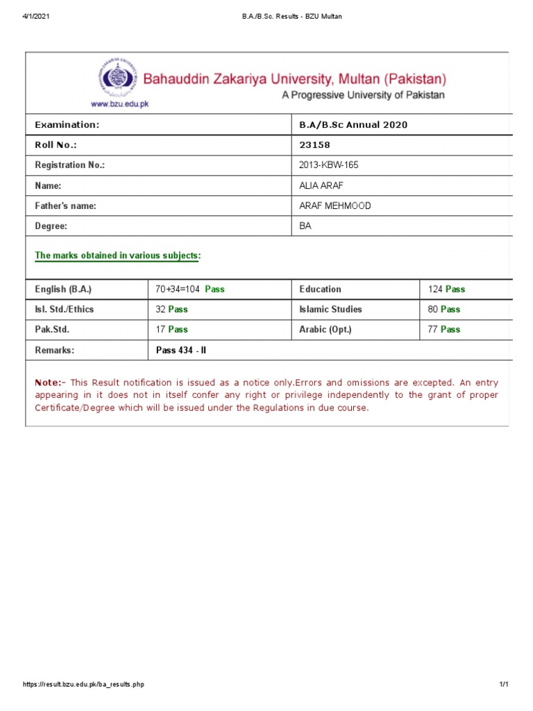 B.A. - B.Sc. Results - BZU Multan | PDF