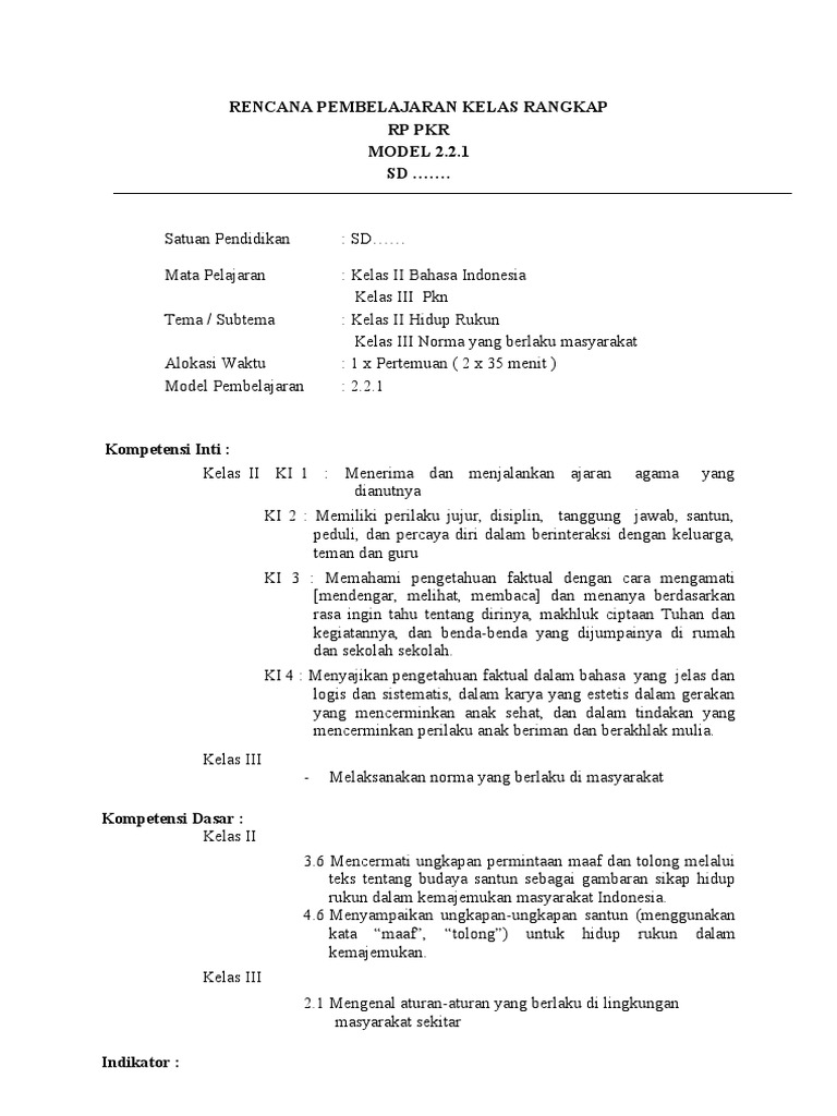 Contoh RPP Kelas Rangkap Model 221 | PDF