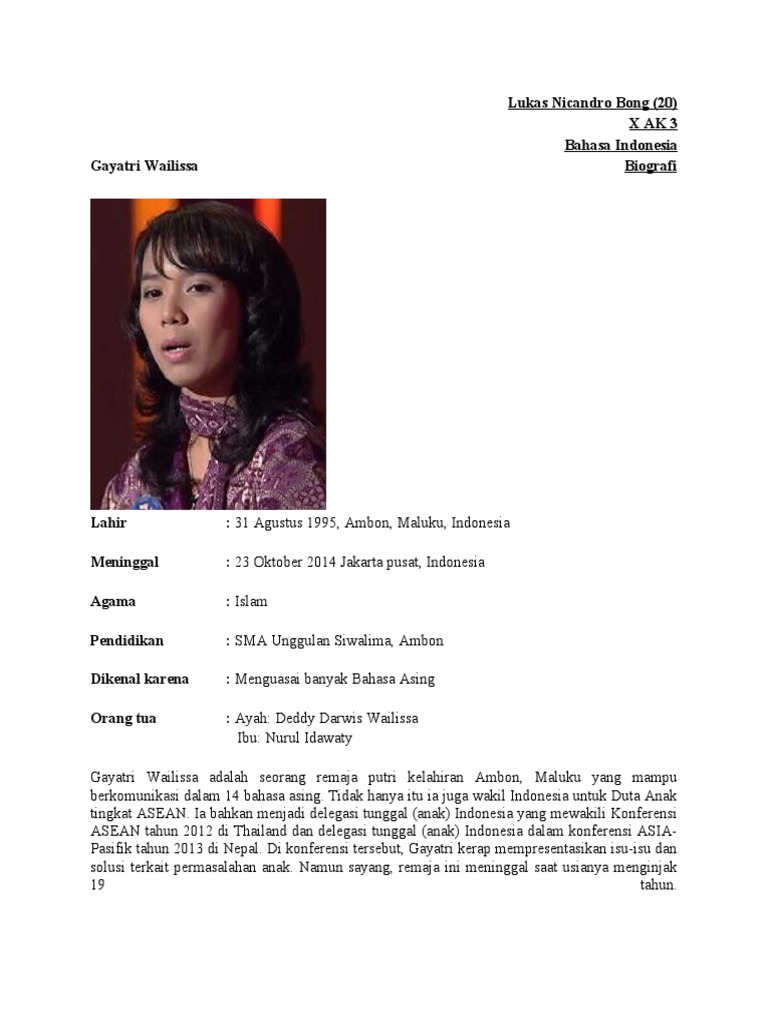 Biografi Gayatri Wailissa: Inspirasi Muda | PDF